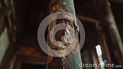 Damaged Wooden Pillar Showing Termite Damage In Old Structure Stock ...