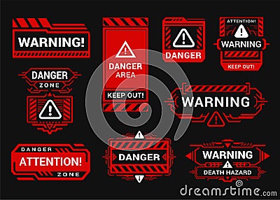 Danger And Dangerous Zone Warning Red Frames Set Vector Illustration ...