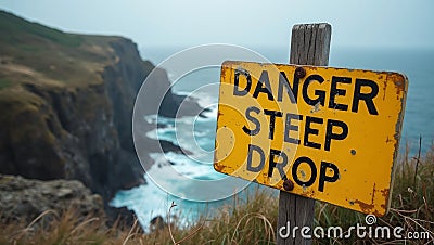 Danger Steep Drop Warning Sign On Cliff Edge Above Ocean Stock Image ...