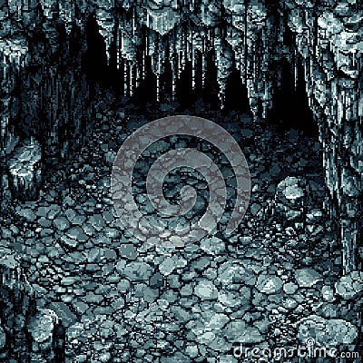 Dark Cavern With Stone Walls And Stalactites In A Pixel Art Style ...