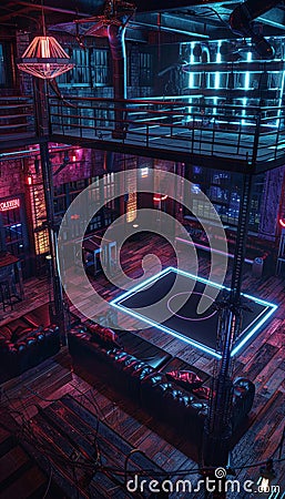 Dark Cyberpunk Speakeasy With Boxing Ring In Lower Level For A ...