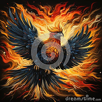 Dark And Detailed Illustration Of A Fiery Phoenix In Flight ...