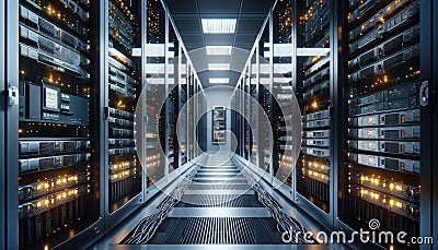 Data Center, Multiple Rows Of Operational Server Racks, Concept Of Cloud Computing, Artificial ...