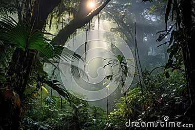Dawn Breaking Through The Fog In The Rainforest Canopy Stock Photo ...