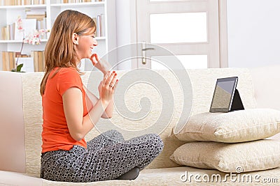 Deaf Woman Using Sign Language On The Tablet Royalty-Free Stock ...