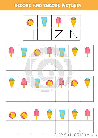 Decode And Encode Pictures. Write The Symbols Under Cute Summer Objects ...