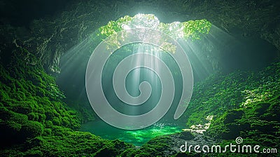 Deep Grotto Carved Into Lush Hillside With Light Beams. Generative AI ...