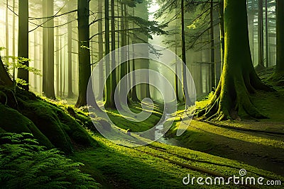 A Dense, Misty Forest With Ancient Trees Cloaked In Moss And Ferns ...