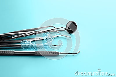 Dental Instruments And Occlusal Splint On Color Background Royalty-Free ...