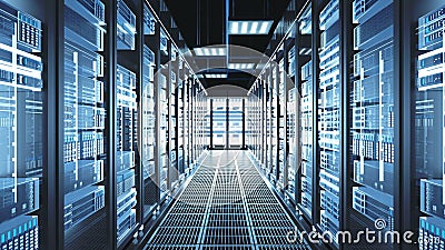 Descending Camera Shot of a Working Data Center Full of Server Racks ...