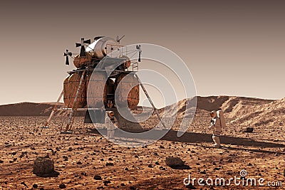 Descent Module Of Interplanetary Space Station And Astronauts On ...