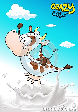 Design With Crazy Cow Jumping Over Milk Splash Vector Illustration ...
