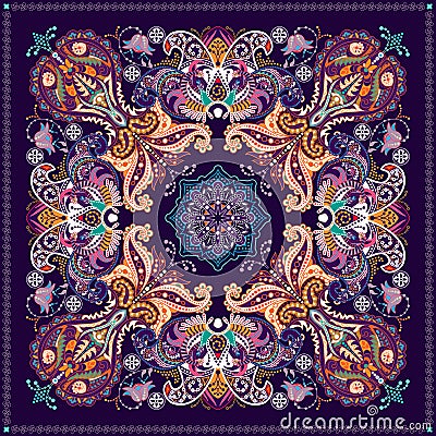 Design For Square Pocket, Shawl, Textile. Paisley Floral Pattern ...