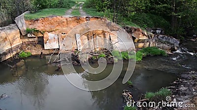 Destroyed Bridge Dam Over the River Stock Video - Video of flow, power ...