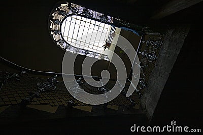 Destroyed Stairs With A Metal Railing Nostalgically Lit Stock ...