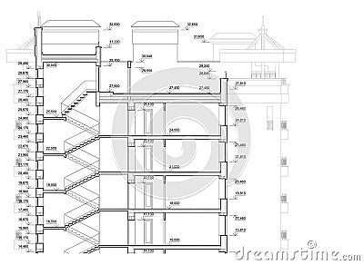Detailed Architectural Plan Of Multistory Building. Cross-section View ...