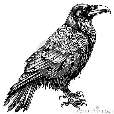 Detailed Gothic Raven Tattoo Showcases Ornate Feather Patterns And ...