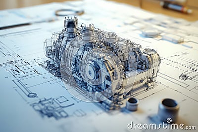 Technical Sketch Of An Automobile Engine Layout On Drafting Paper With ...