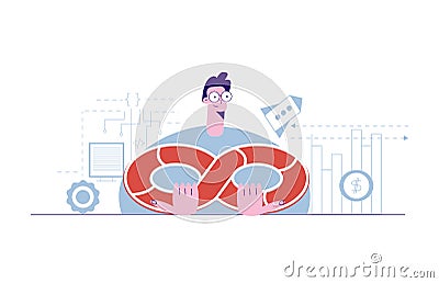 DevOps Concept IT Engineer Holding Dev Ops Symbol Flat Vector Cartoon ...