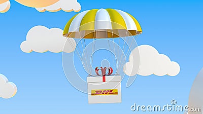DHL Logo on Moving Box Moves Under Parachute. Editorial Loopable 3D ...