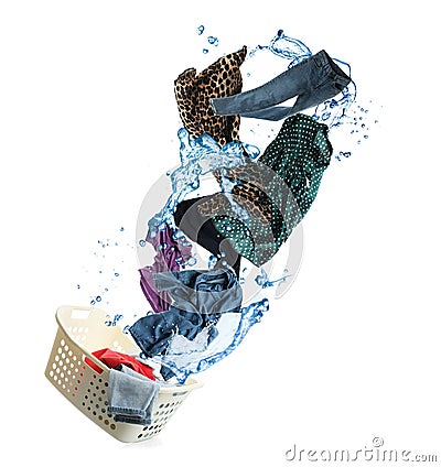 Different Clothes With Water Splash Falling Into Laundry Basket Against ...
