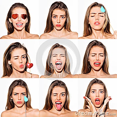 Different Emotions Collage. Set Of Girl Emotional Portraits. Emotion ...