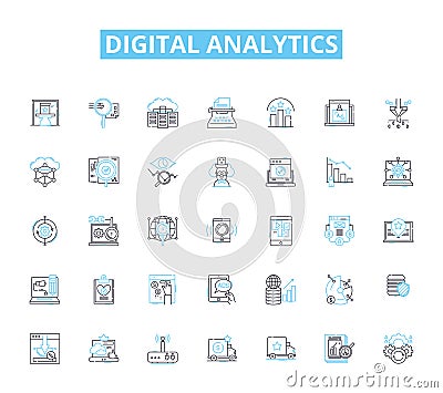 Digital Analytics Linear Icons Set. Metrics, Insights, Attribution, Conversion, Big Data, KPI ...