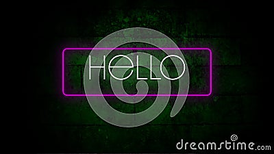 Digital Animation of Hello Text in Neon Rectangle Frame Against Green ...
