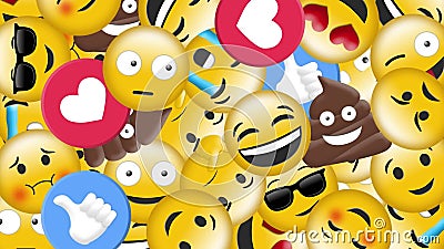 Digital Animation of Multiple Different Emojis and Icons Falling ...