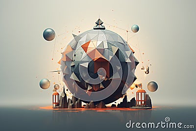 A Digital Artwork Of A Building With A Globe On Top, On A Gray ...