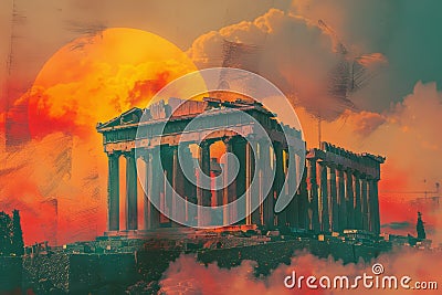 A Digital Collage Of Iconic Greek Temples Appearing To Float In The ...