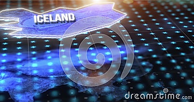 Digital Map, Country Location and Hologram of Iceland with Blue Light ...