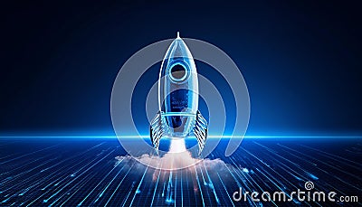 Digital Rocket Launch With Blue Neon Background. 3D Rendering Stock ...