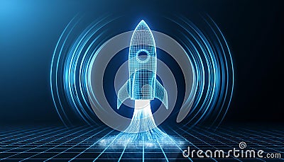 Digital Rocket Launch With Blue Neon Background. 3D Rendering Stock ...