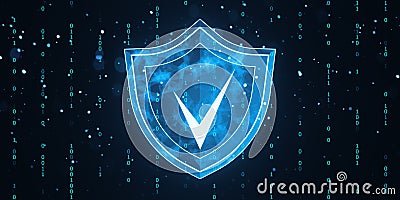 Digital Shield Icon With Check Mark On Binary Code Background. 3D Rendering Stock Photography ...