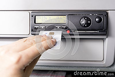 Digital Tachograph And Drivers Hand Inserting Drivers Card In It. No ...