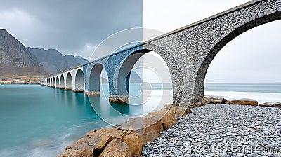 A Digitally Altered Image Displaying A Stone Arch Bridge Divided Into ...