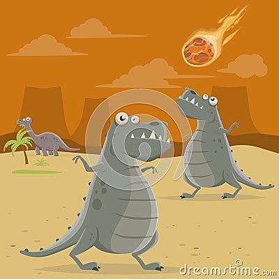 Cartoon Illustration Of A Big Asteroid Falling Down On Dinosaurs ...