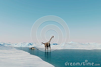 Dinosaur. Prehistoric Snow Landscape, Ice Valley With Dinosaurs. Arctic ...