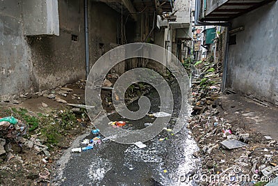 Dirty Polluted Waste Water In Big City With Garbages. Environment ...