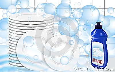 Dishwashing Liquid Products With Plates Stack. Bottle Label Design ...