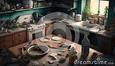 Disorganized Kitchen Depicts A Chaotic And Messy Room. Table With Messy ...