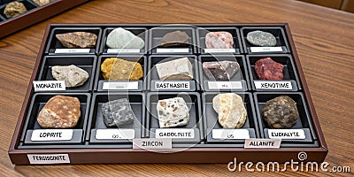 Display Of Various Mineral Specimens In Labeled Containers On A Wooden ...