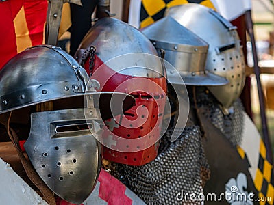 Display Of Various Types Of Medieval Plate Armor Helmets Editorial ...