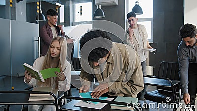 Diverse Team Happy Smiling Young Students Enter Classroom Sit Down at ...