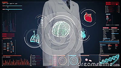 Doctor Touching Digital Screen, Scanning Brain, Heart, Lungs, Internal ...
