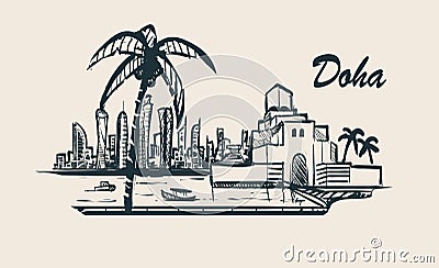 Doha Skyline,hand-drawn Sketch Vector Illustration.Museum Of Islamic ...