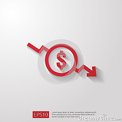 Dollar Decrease Icon. Money Symbol With Arrow Stretching Rising Drop Fall Down. Business Cost ...