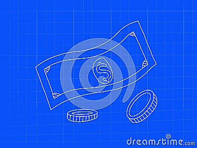 Dollar Money And Coin Blueprint Concept Doodle Art - Image Illustration ...