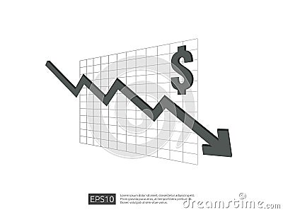 Dollar Money Fall Down Symbol With White Background. Arrow Decrease Economy Stretching Rising ...